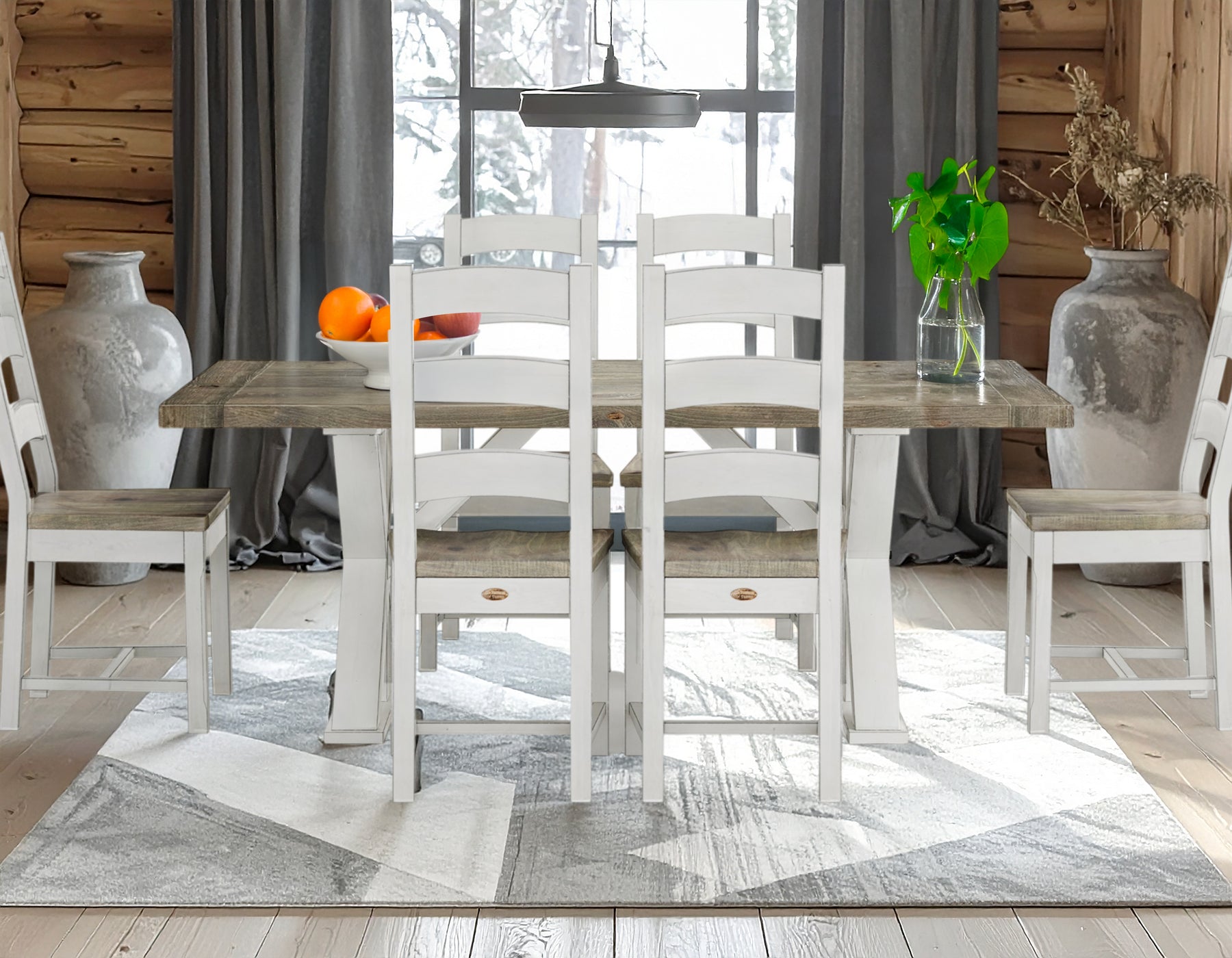 Solid Wood Dining Table Set - 40" x 77" rustic grey top, 6 linen chair ...
